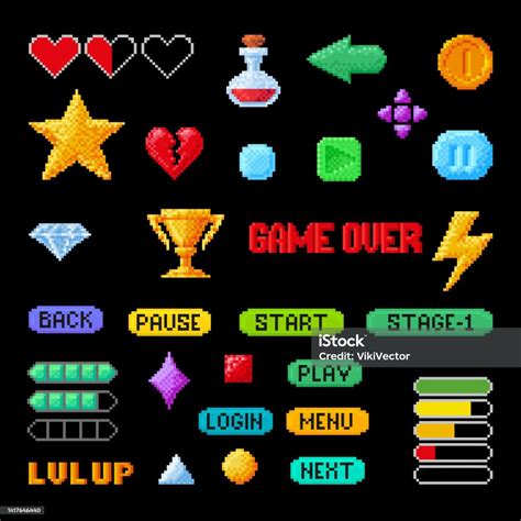 Pixel Game Virtual Buttons Set Vector Navigation And Notation Elements