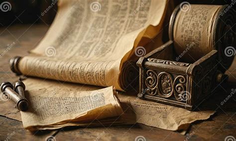 A Scroll And A Box Of Paper Are On A Table The Scroll Is On The Left