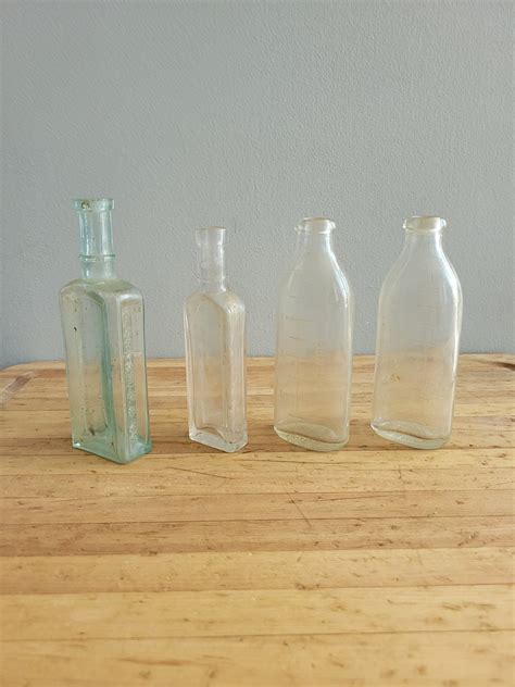 Vintage Set Of 4 Old Glass Bottles Antique Cork Bottles Etsy