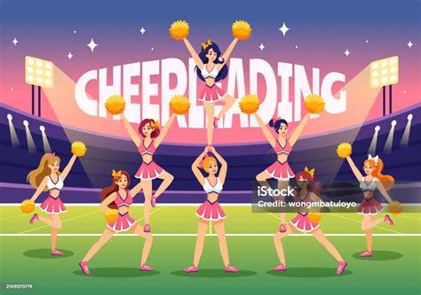 치어 리더 소녀 벡터 일러스트 레이 션 치어 리더 Pom Poms 의 춤과 점프 지원 팀 스포츠 동안 경쟁 중 플랫 배경 미식
