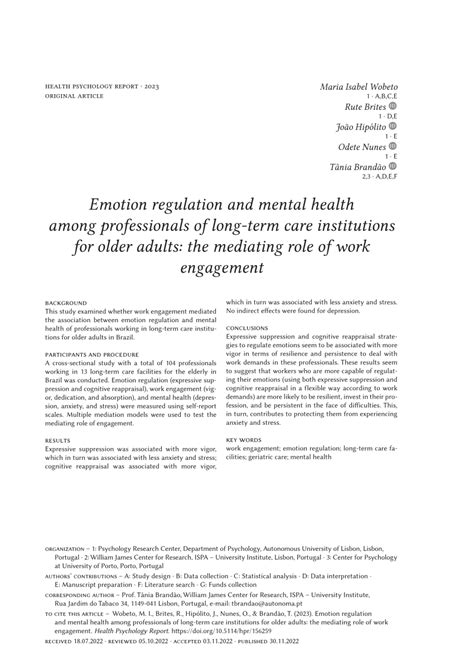Pdf Emotion Regulation And Mental Health Among Professionals Of Long