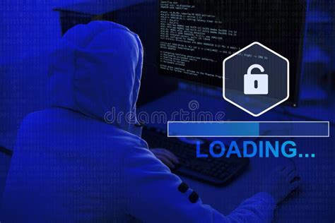 Loading Information Screen With Code Hacker In Sweatshirt Stock