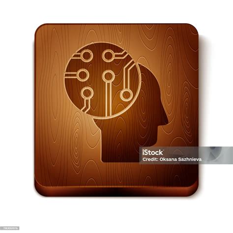 흰색 배경에 고립 된 디지털 회로 기판 아이콘으로 갈색 인간의 두뇌 내부에 회로 선이있는 인간의 머리 윤곽선 나무 사각형