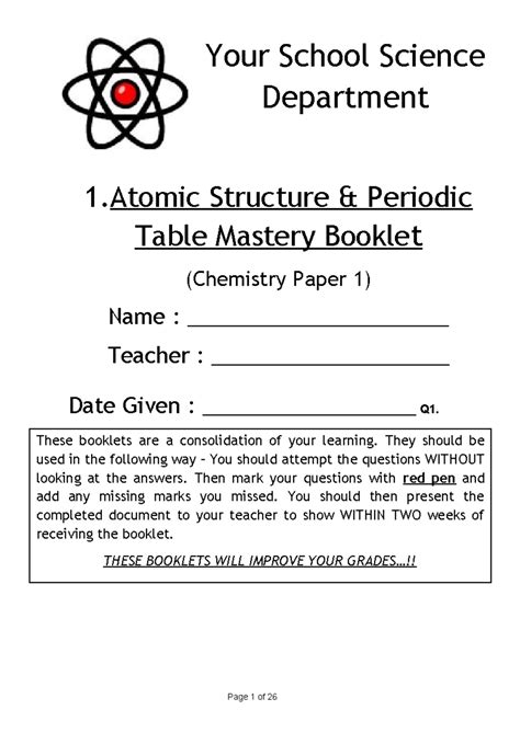 Atomic Structure And Periodic Table Mastery Booklet Chemistry Paper 1