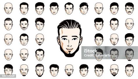 英俊的男人的臉和髮型頭向量插圖設置孤立的白色背景傢伙快樂有吸引力的美麗的臉頭像集合與不同的髮型向量圖形及更多人圖片 人 人的臉部 人體