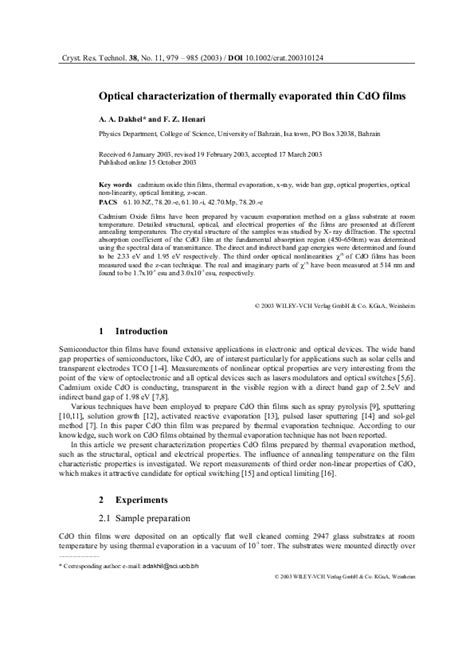 Pdf Optical Characterization Of Thermally Evaporated Thin Cdo Films
