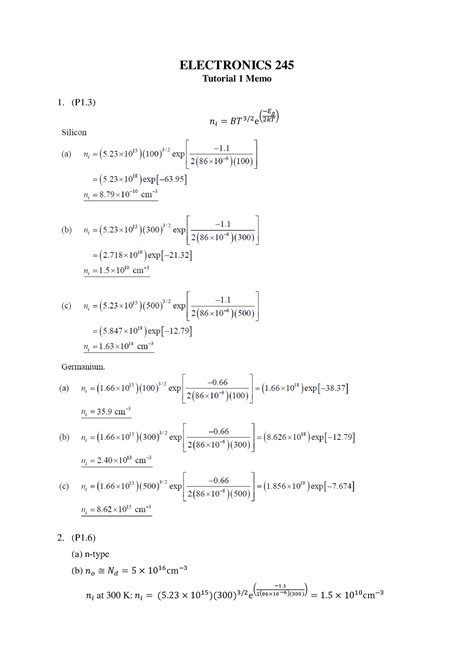 Tutorial 1 Memo Semiconductors introduction ELECTRONICS 245 Tutorial 1 Memo P1 𝑛𝑖 𝐵𝑇3 2e