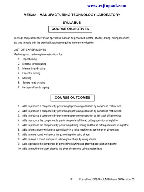 Me8361 - Manufacturing Technology Laboratory Syllabus Course Objectives | PDF | Construction ...