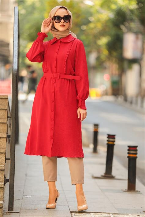 Neva Style Kemerli Kırmızı Tesettür Tunik K Tesetturisland
