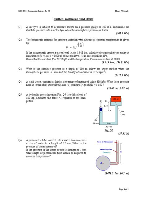 analysis of fluid statics problems determining pressures forces and