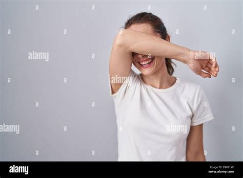Beautiful Brunette Woman Standing Over Isolated Background Covering