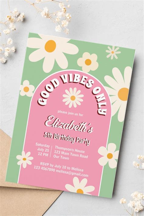 Good Vibes Only Groovy Retro Daisy Birthday Invitation Template Instant