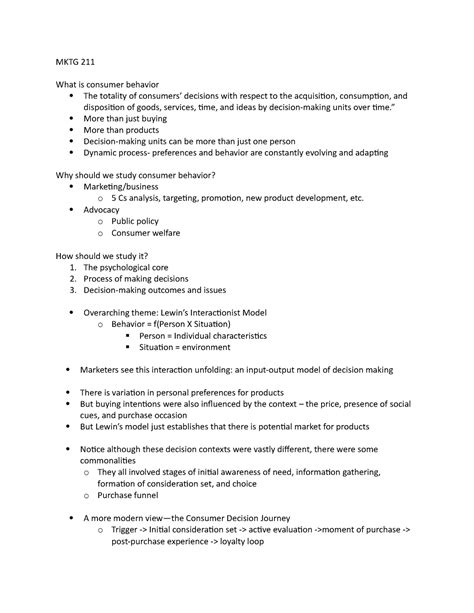 Mktg 211 Lecture Notes 1 Mktg 211 What Is Consumer Behavior The