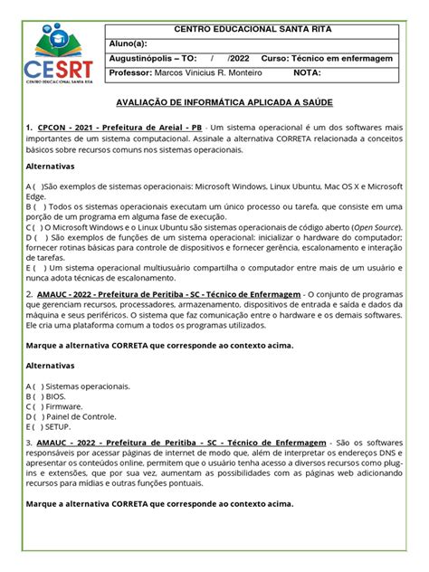 Avaliação De Informática Aplicada A Saúde Pdf Sistema Operacional