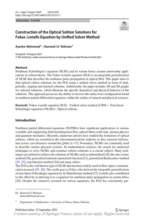 Construction Of The Optical Soliton Solutions For Fokaslenells Equation By Unified Solver