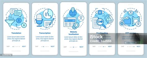 선형 개념으로 모바일 앱 페이지 화면의 파란색 온보딩 텍스트 서비스입니다 번역 전사 교정 연습 단계 그래픽 지침 Ux Ui 아이콘이 있는 Gui 벡터 템플릿 번역에 대한