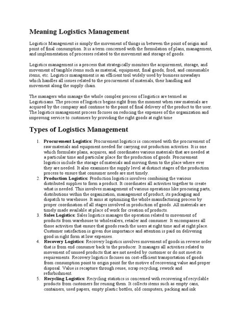 Meaning Logistics Management Pdf Logistics Supply Chain Management