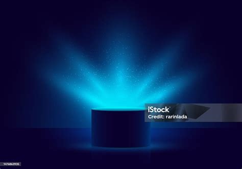 어두운 배경에 조명 조명이 반짝이는 3d 파란색 실린더 미스터리 박스 상자에 대한 스톡 벡터 아트 및 기타 이미지 상자