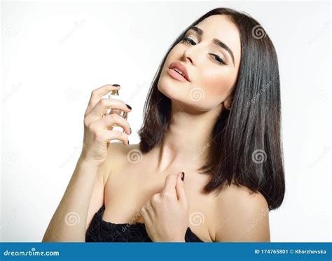 Girl With Perfume Young Beautiful Woman Holding Bottle Of Perfume And