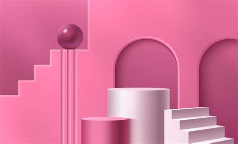 분홍색 바탕에 3d 계단과 실린더 포디움 무료 벡터
