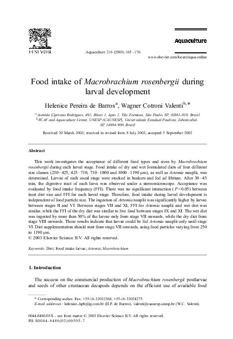 Pdf Food Intake Of Macrobrachium Rosenbergii During Larval Development
