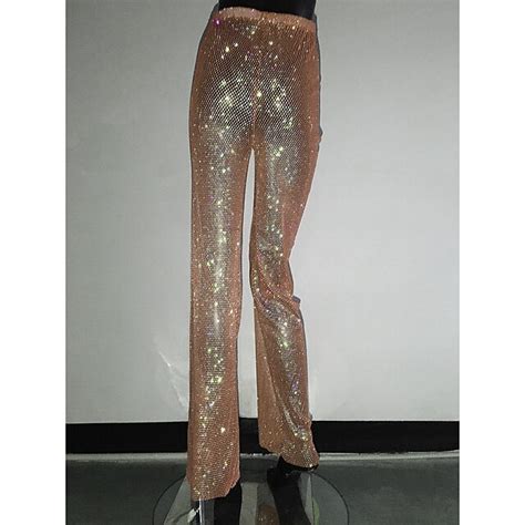 Metallic Sparkle Pants Sheer Mesh Rhinestone Cover Up Disco Solid Color