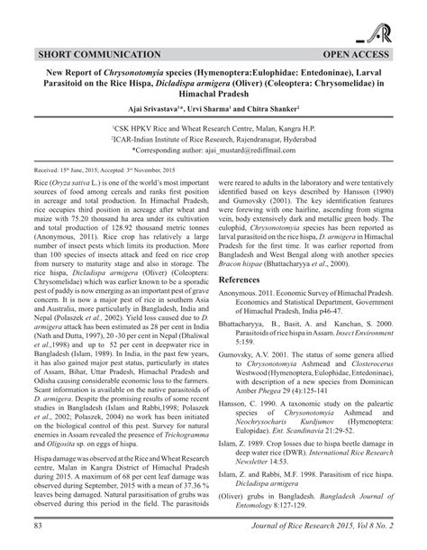 Larval Parasitoid On The Rice Hispa Dicladispa Armigera Oliver