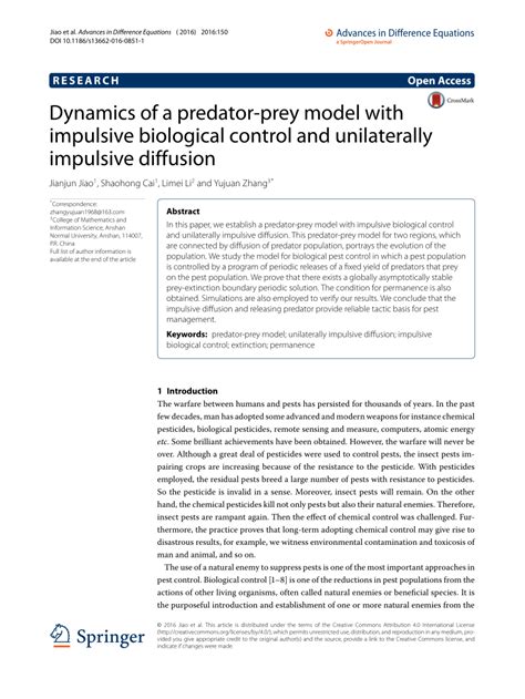 Pdf Dynamics Of A Predator Prey Model With Impulsive Biological Control And Unilaterally