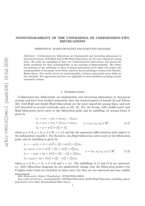 Pdf Nonintegrability Of The Unfoldings Of Codimension Two Bifurcations