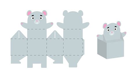 과자 사탕 작은 선물에 대한 귀여운 파티 호의 상자 마우스 디자인 어떤 목적을 위한 패키지 템플릿 생일 베이비 샤워 크리스마스 인쇄 잘라내기 접기 접착제 벡터 스톡