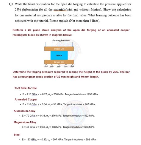 solved q1 write the hand calculation for the open die forging to