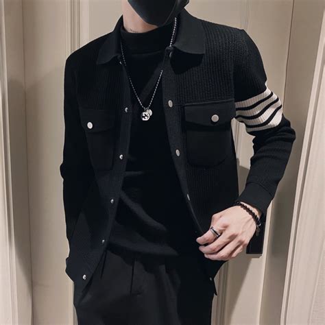 高级感毛衣开衫痞帅条纹外套男2023春秋季新款针织衫潮牌翻领夹克虎窝淘