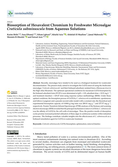 Pdf Biosorption Of Hexavalent Chromium By Freshwater Microalgae Craticula Subminuscula From