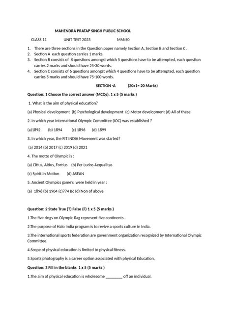 Unit Test Class 11 Sgs 2 Pdf Olympic Games