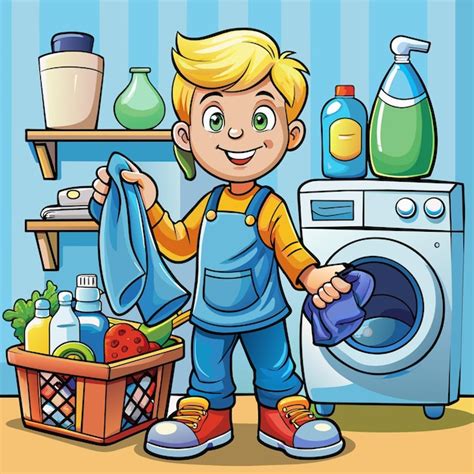 мультфильм мальчика с корзиной для белья и корзиной с фруктами