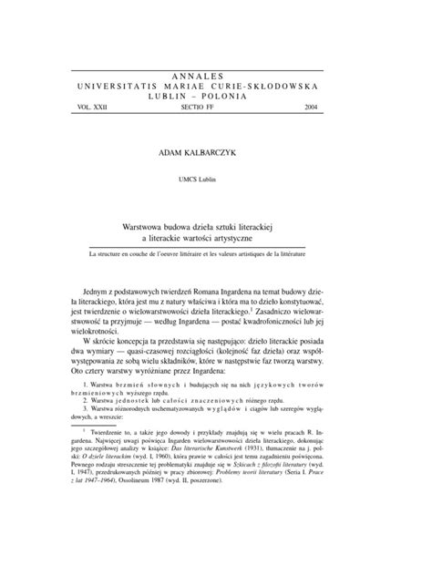 Adam Kalbarczyk Warstwowa Budowa Dzieła Sztuki Literackiej Pdf