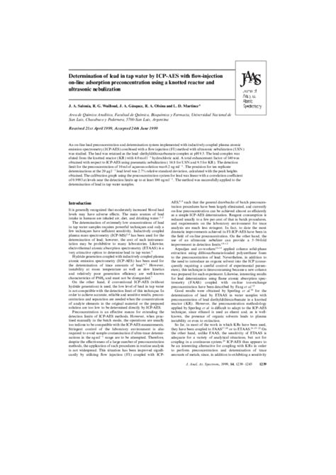 Pdf Determination Of Lead In Tap Water By Icp Aes With ﬂow Injection On Line Adsorption