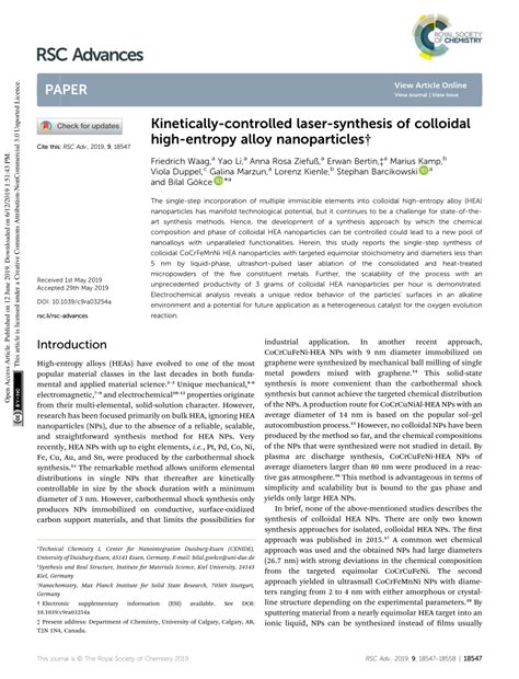Pdf Kinetically Controlled Laser Synthesis Of Colloidal High Entropy Alloy Nanoparticles