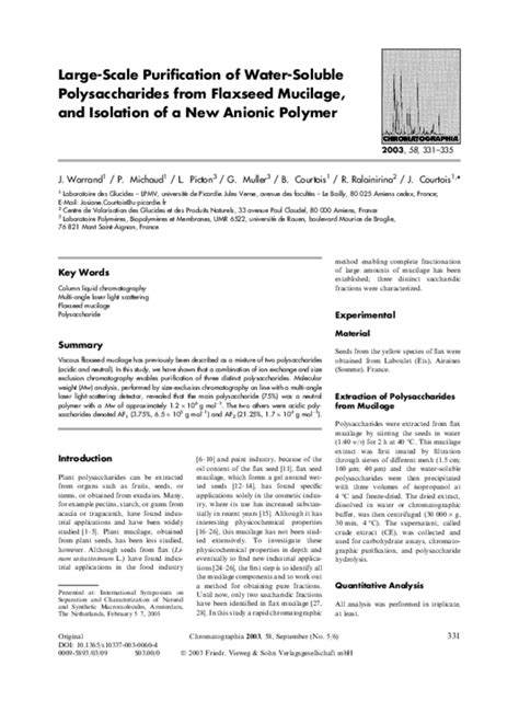 Pdf Large Scale Purification Of Water Soluble Polysaccharides From Flaxseed Mucilage And