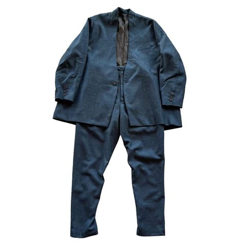 希少 Ka Na Ta ブルー セットアップ ノーカラー ジャケット メンズ