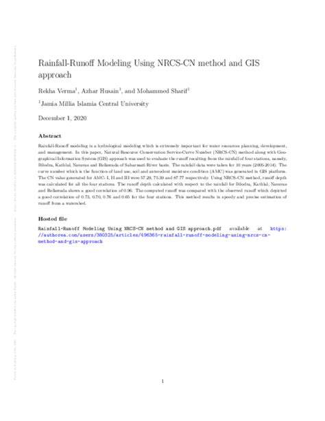 Pdf Rainfall Runoff Modeling Using Nrcs Cn Method And Gis Approach