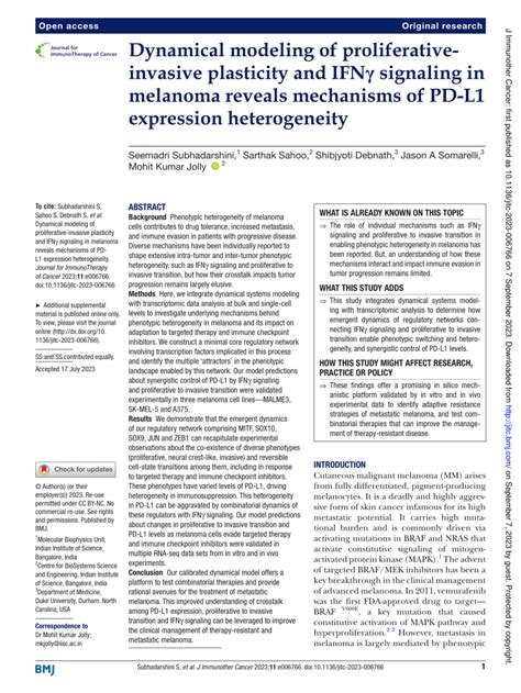 Pdf Dynamical Modeling Of Proliferative Invasive Plasticity And Ifnγ Signaling In Melanoma