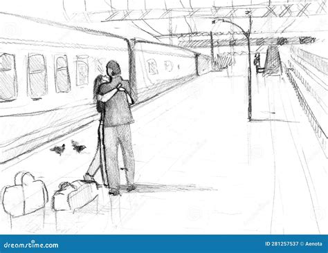 Hand Drawn Sketch Of Lovers In Train Station Stock Illustration