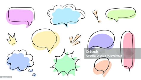 Thile 낙서와 손으로 그린 말풍선 세트입니다 텍스트 및 음성을 위한 말풍선입니다 흰색 배경에 고립된 개체입니다 벡터 일러스트 레이 션 0명에 대한 스톡 벡터 아트 및