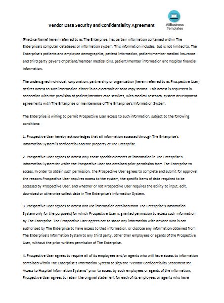 Vendor Data Security And Confidentiality Agreement Templates At