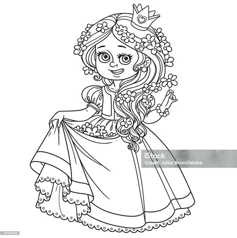 머리에 꽃을 가진 아름 다운 공주와 흰색 배경에 고립 된 색칠 공부 책에 대한 윤곽이 잡힌 드레스의 옷자락 공주에 대한 스톡 벡터 아트 및 기타 이미지 Istock