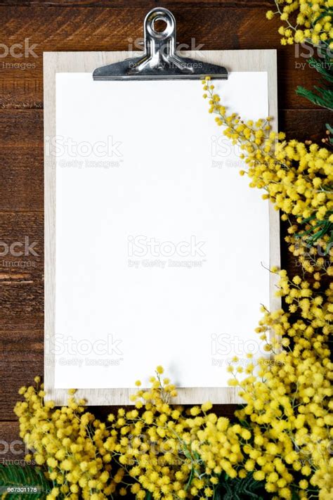 빈 메시지와 나무 배경에 미모사 꽃의 꽃다발 국제 여성의 날입니다 평면도 평면 위치 0명에 대한 스톡 사진 및 기타 이미지