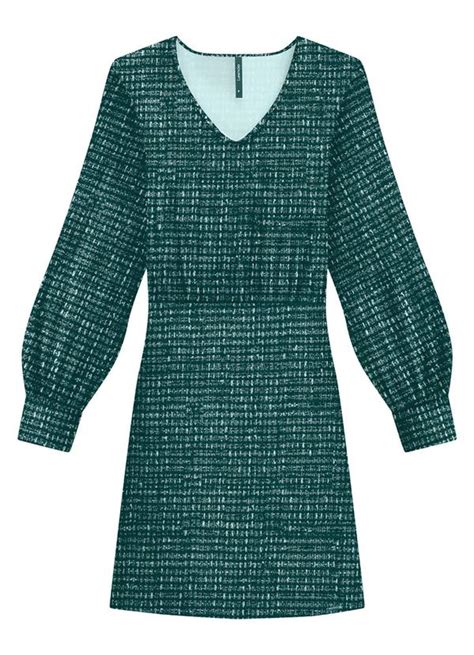 Vestido Curto Canelado Manga Longa Bufante Verde Lunender Feminino