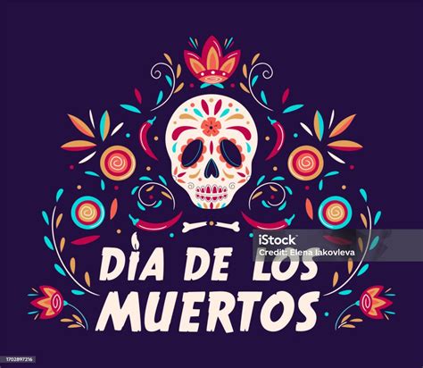 디아 데 로스 무에르토스 포스터 디자인에는 어두운 배경에 설탕 두개골과 꽃이 장식되어 있다 멕시코 망자의 날 멕시코 꽃무늬 전통 요소가 있는 벡터 템플릿입니다 화려한 민속