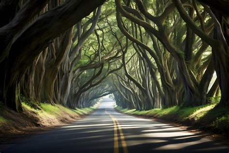 Road Through The Old Tree Tunnel In The Rainforest At Sunset Premium AI Generated Image